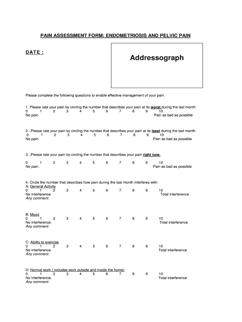 Fillable Online PAIN ASSESSMENT FORM: ENDOMETRIOSIS AND PELVIC PAIN Fax ...