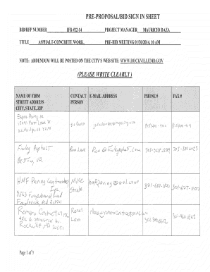 Fillable Online PRE-PROPOSAL/BID SIGN IN SHEET Fax Email Print - pdfFiller