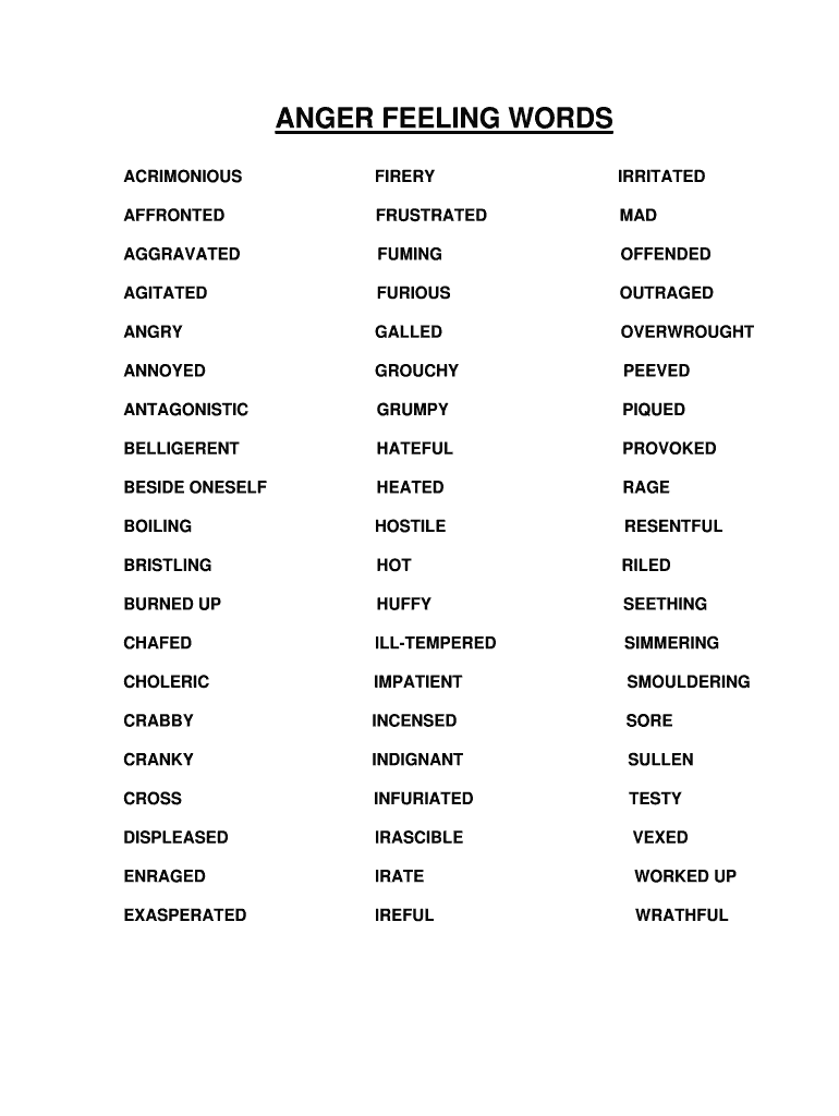 Fillable Online ANGER FEELING WORDS Fax Email Print - pdfFiller