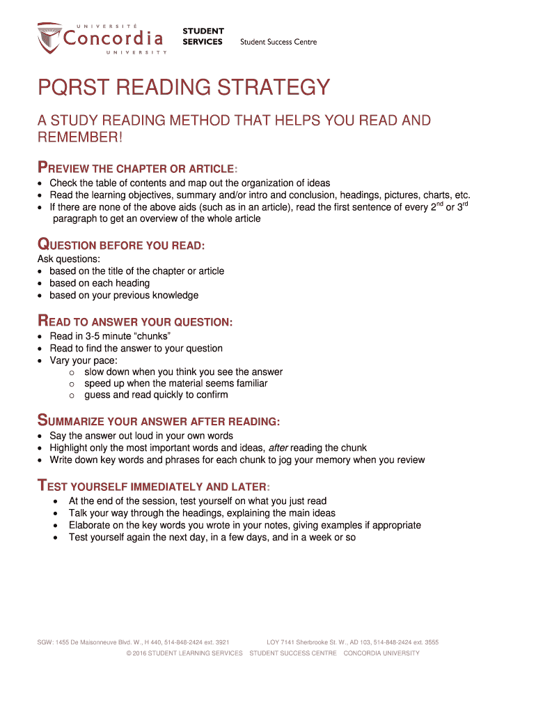 Fillable Online PQRST READING STRATEGY Fax Email Print - pdfFiller