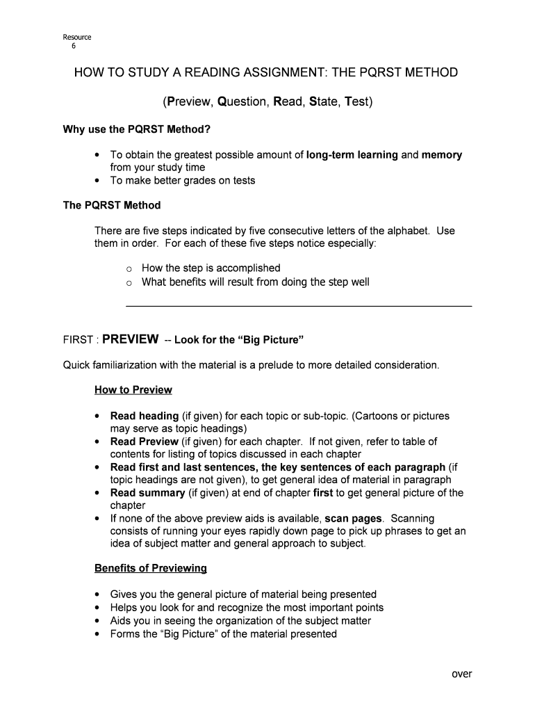 Fillable Online HOW TO STUDY A READING ASSIGNMENT: THE PQRST METHOD Fax ...