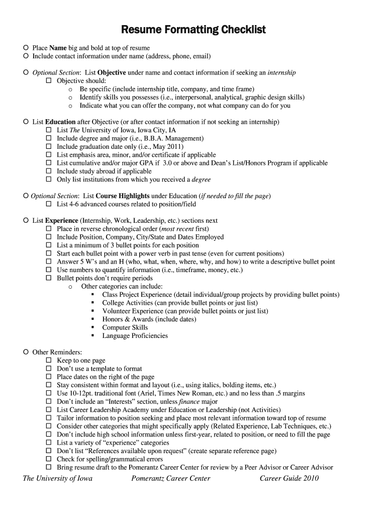 Fillable Online Resume Formatting Checklist Fax Email Print - pdfFiller
