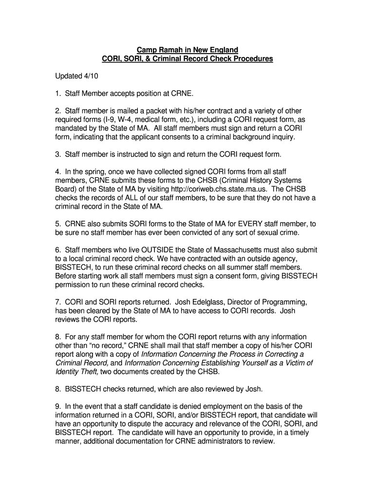 Fillable Online CORI, SORI, & Criminal Record Check Procedures Fax ...