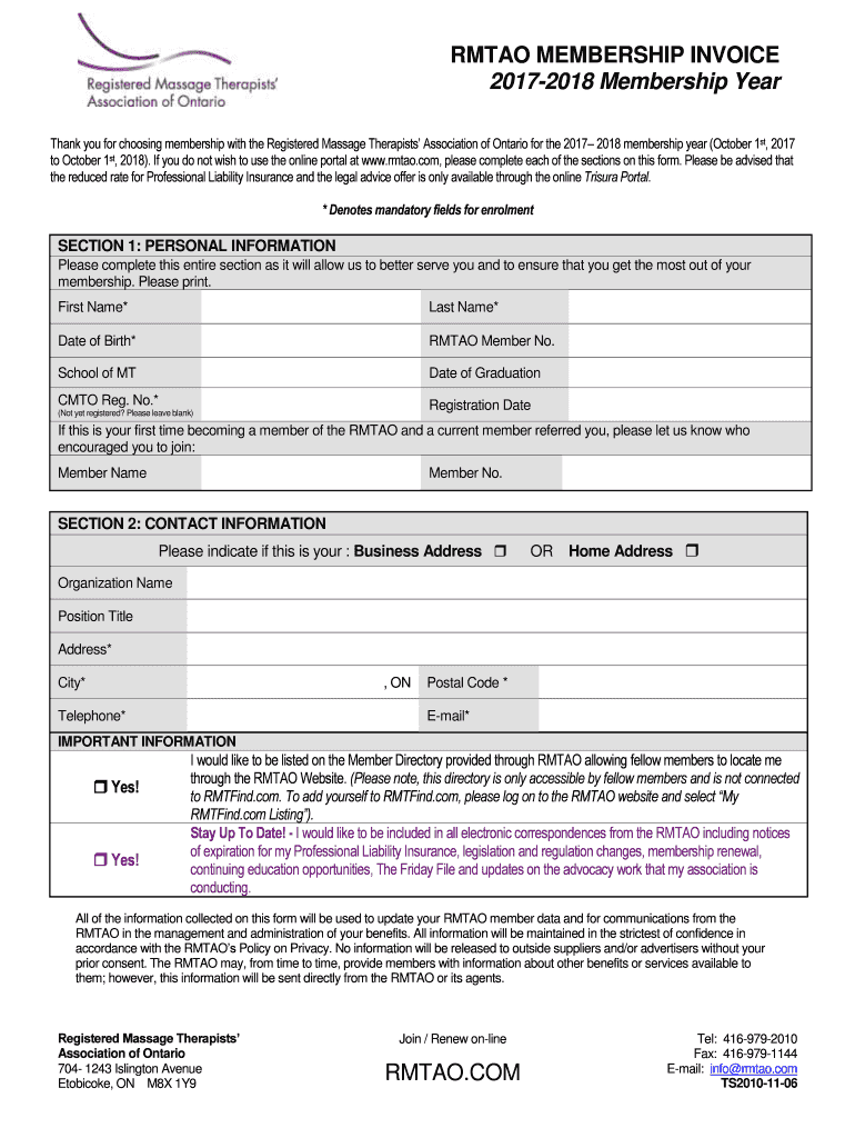Fillable Online RMTAO MEMBERSHIP INVOICE Fax Email Print - pdfFiller