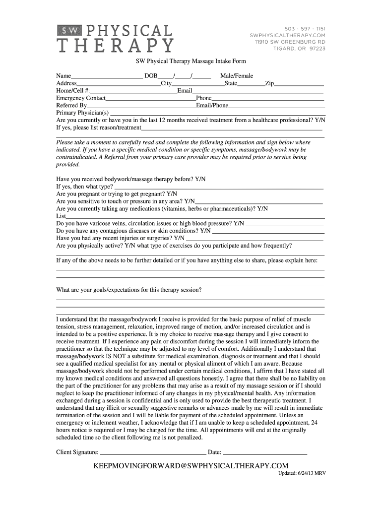 Fillable Online SW Physical Therapy Massage Intake Form Fax Email Print ...