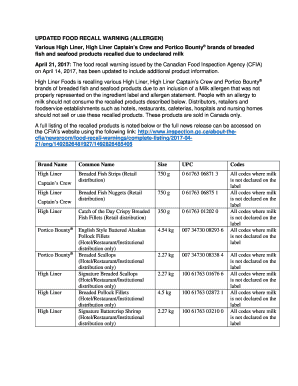 Fillable Online UPDATED FOOD RECALL WARNING (ALLERGEN) Fax Email Print ...