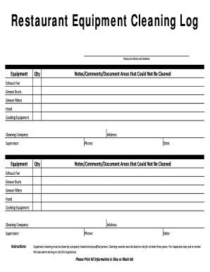 Fillable Online Restaurant Equipment Cleaning Log Fax Email Print ...