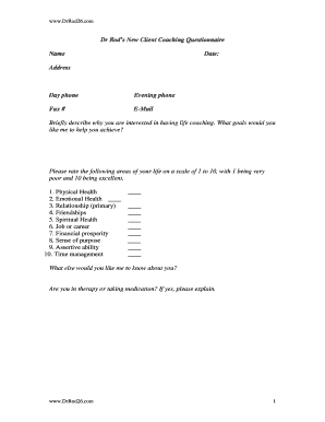 Fillable Online Dr Rods New Client Coaching Questionnaire Fax Email ...