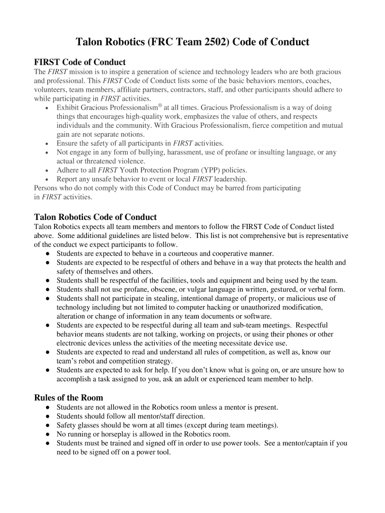 Fillable Online Talon Robotics (FRC Team 2502) Code of Conduct Fax ...
