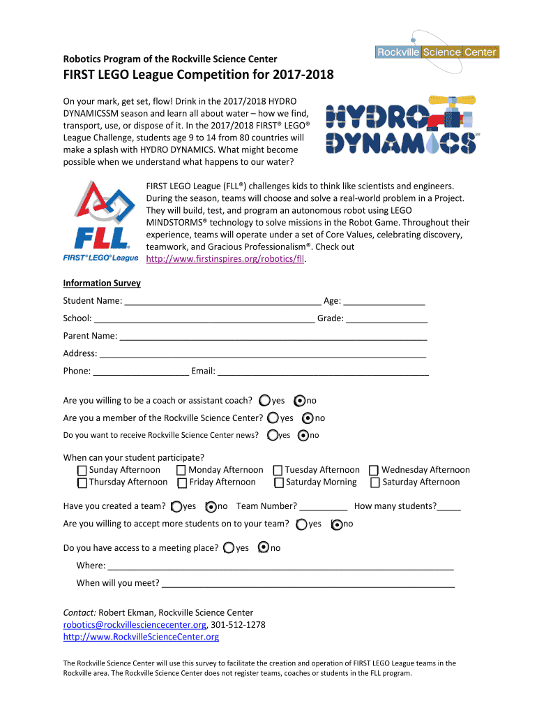 Fillable Online Robotics Program of the Rockville Science Center Fax ...