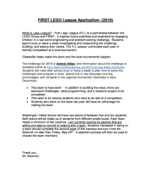 Fillable Online FIRST LEGO League Application- (2016) Fax Email Print ...