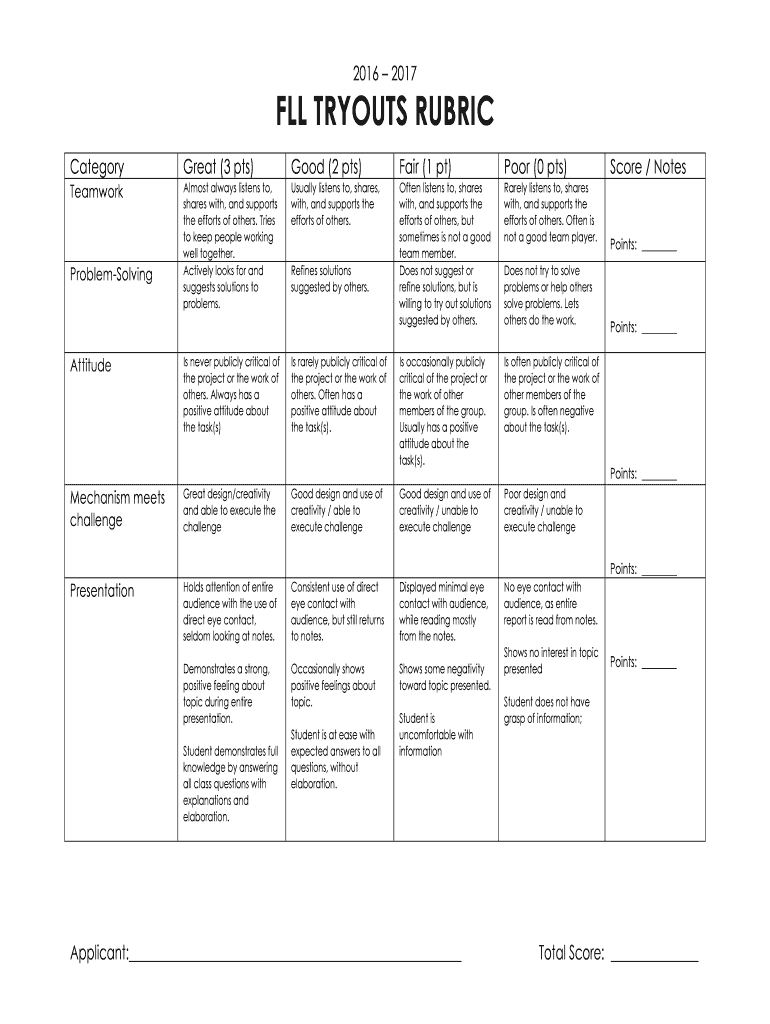 Fillable Online FLL TRYOUTS RUBRIC Fax Email Print - pdfFiller