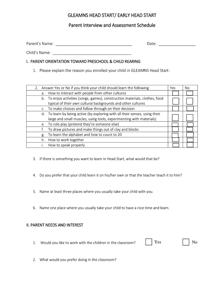 Fillable Online GLEAMNS HEAD START/ EARLY HEAD START Fax Email Print ...