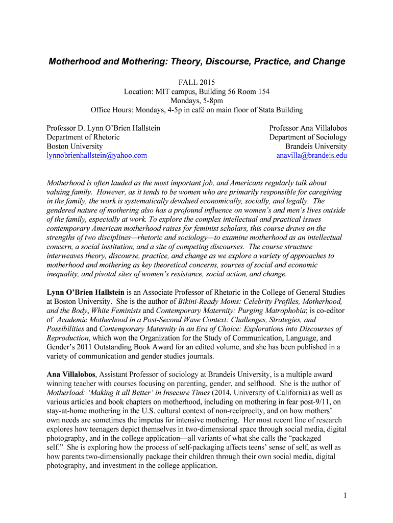 Fillable Online Motherhood and Mothering: Theory, Discourse, Practice ...