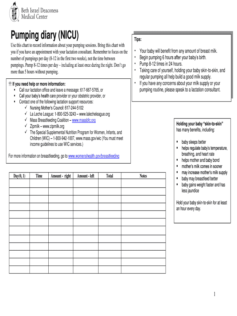 Fillable Online Pumping diary (NICU) Fax Email Print - pdfFiller
