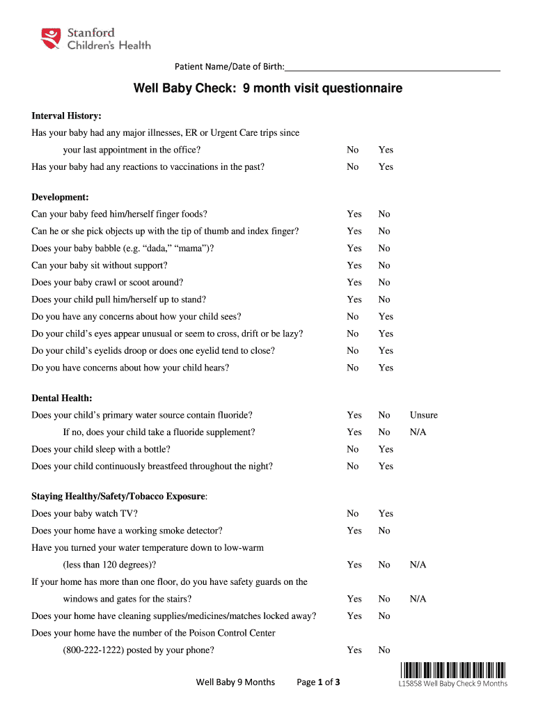 Fillable Online Well Baby Check: 9 month visit questionnaire Fax Email ...
