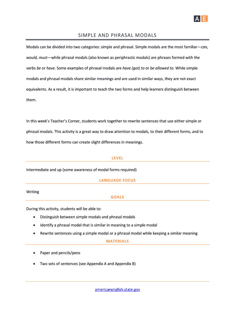 Fillable Online SIMPLE AND PHRASAL MODALS Fax Email Print - pdfFiller