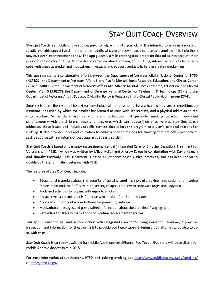 Fillable Online STAY QUIT COACH OVERVIEW Fax Email Print - pdfFiller