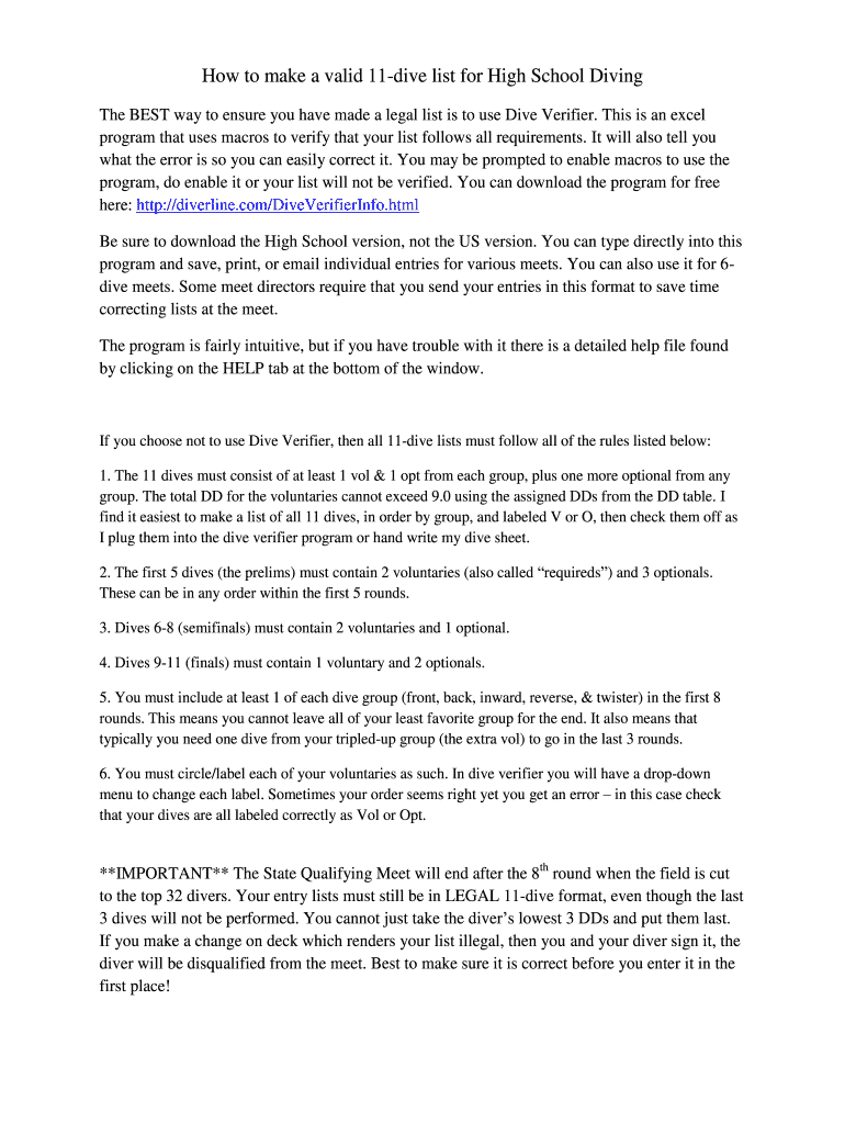 Fillable Online How to make a valid 11-dive list for High School Diving ...