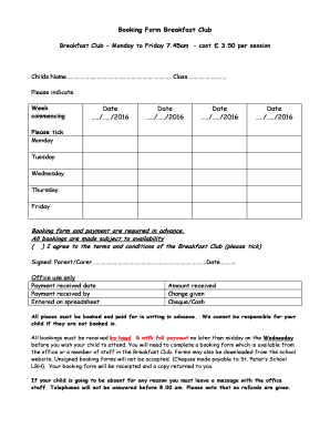 Fillable Online Booking Form Breakfast Club Fax Email Print - pdfFiller