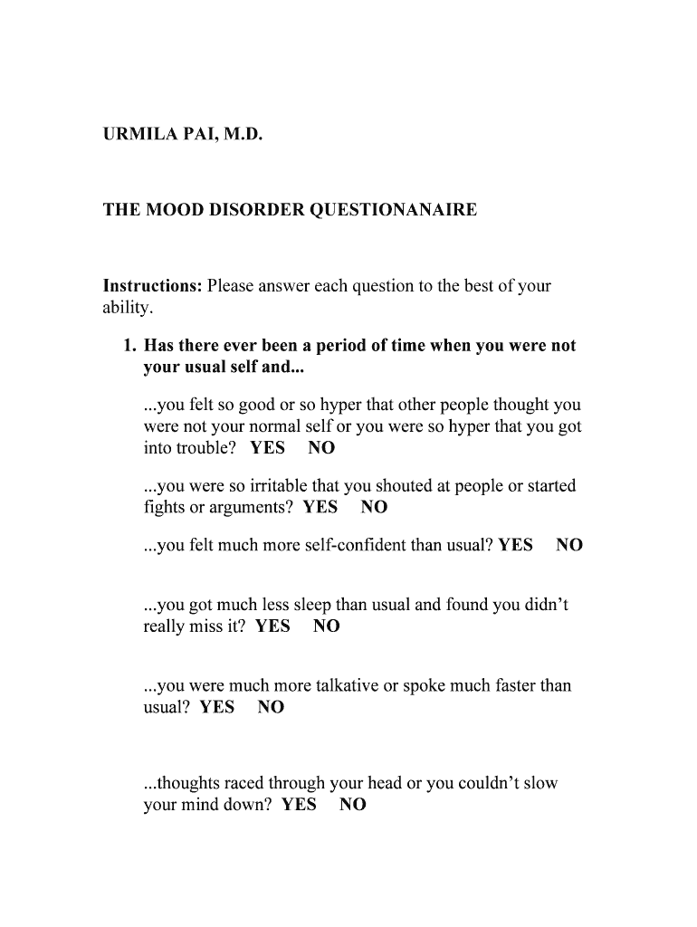 Fillable Online T THE MOOD HE MOOD DISORDER QUESTIONNAIRE Fax Email ...