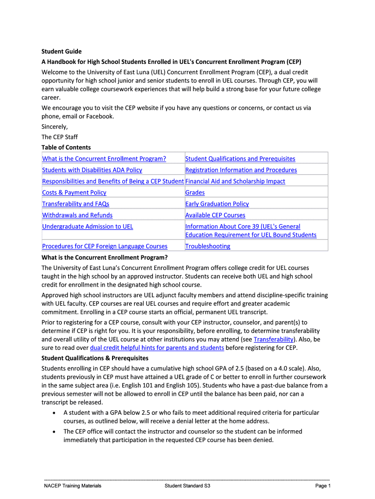 Fillable Online A Handbook for High School Students Enrolled in UEL's Concurrent Enrollment ...
