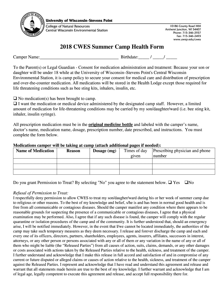 Fillable Online 2018 CWES Summer Camp Health Form Fax Email Print ...