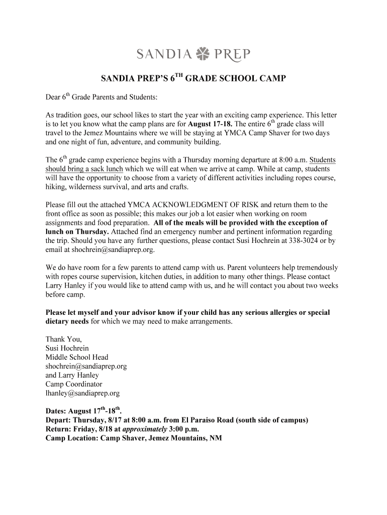 Fillable Online SANDIA PREPS 6TH GRADE SCHOOL CAMP Fax Email Print ...