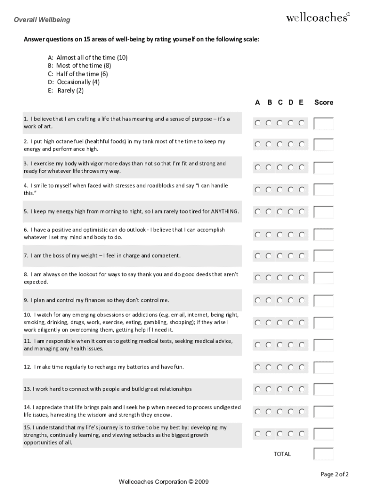 Fillable Online wellcoaches quickie well-being assessment Fax Email ...