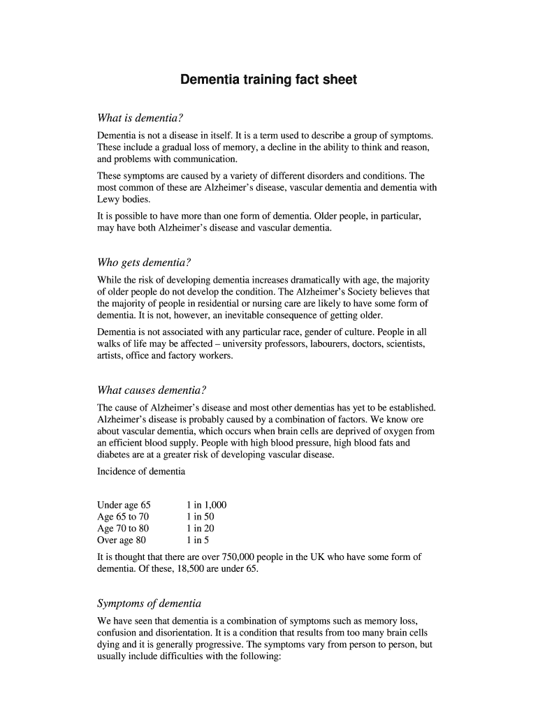Fillable Online Dementia training fact sheet Fax Email Print - pdfFiller