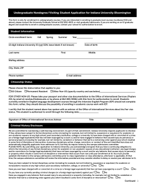 Fillable Online ud indiana Undergraduate Nondegree/Visiting Student Application for Indiana ...