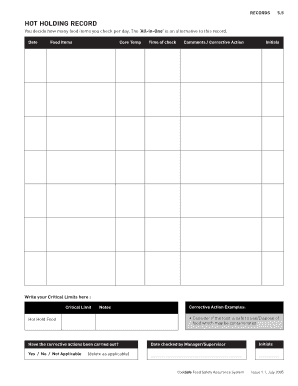 Fillable Online HOT HOLDING RECORD Fax Email Print - pdfFiller