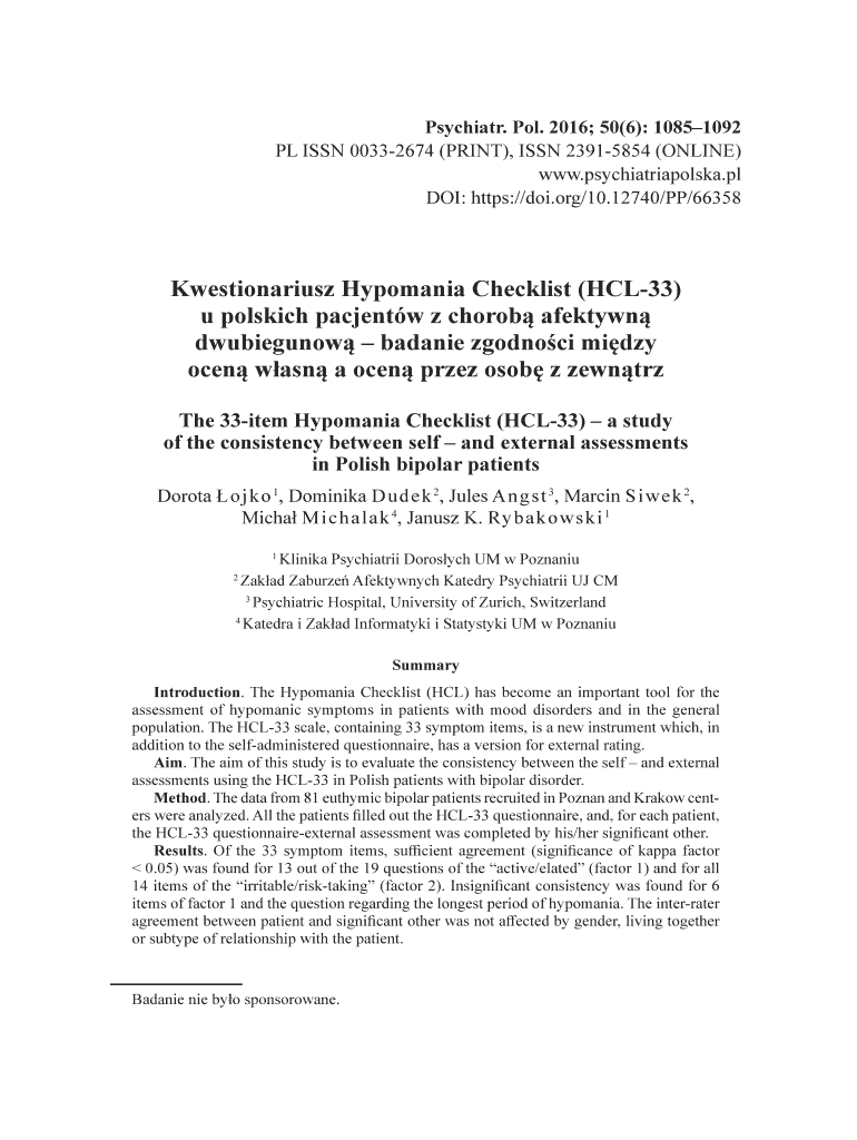 Fillable Online Kwestionariusz Hypomania Checklist (HCL-33) Fax Email ...