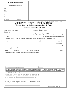 Fillable Online AFFIDAVIT DEATH OF TRANSFEROR Fax Email Print - pdfFiller