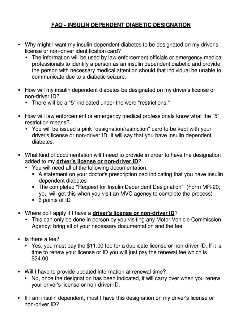 Fillable Online FAQ - INSULIN DEPENDENT DIABETIC DESIGNATION Fax Email ...