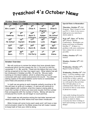 Fillable Online October Snack Calendar: Fax Email Print - pdfFiller