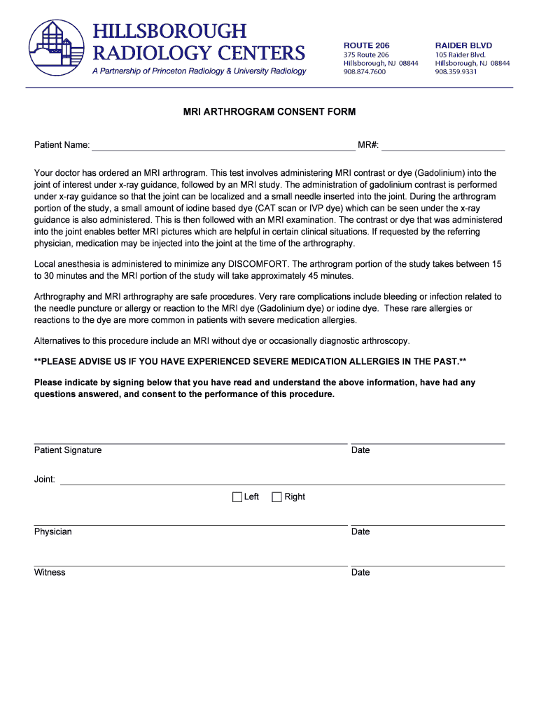 Fillable Online MRI ARTHROGRAM CONSENT FORM Fax Email Print - pdfFiller