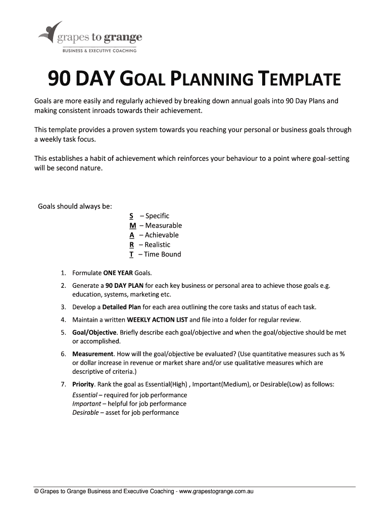 Fillable Online 90 DAY GOAL PLANNING TEMPLATE Fax Email Print - pdfFiller