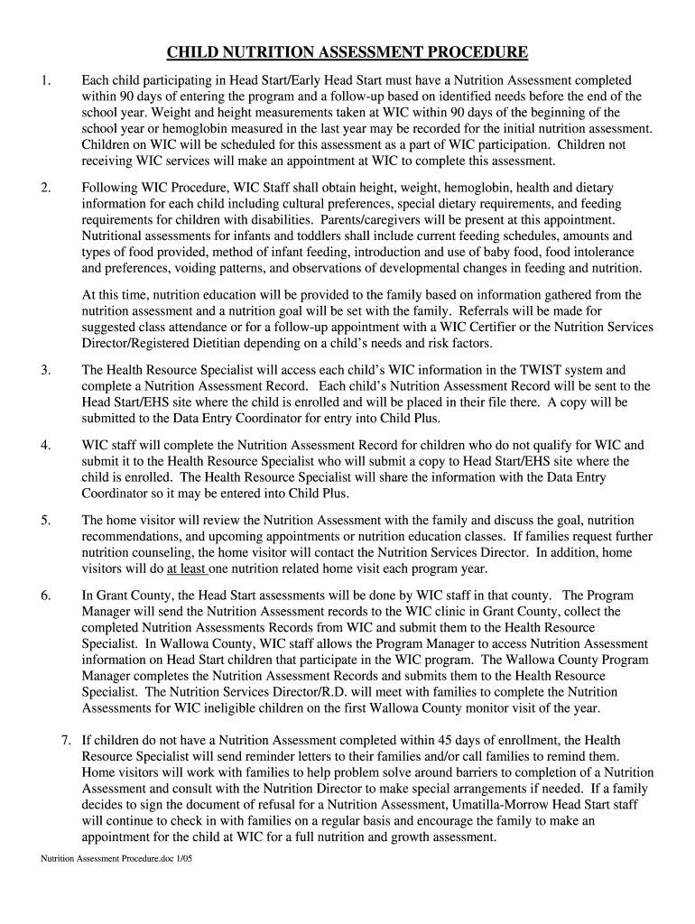 Fillable Online CHILD NUTRITION ASSESSMENT PROCEDURE Fax Email Print ...