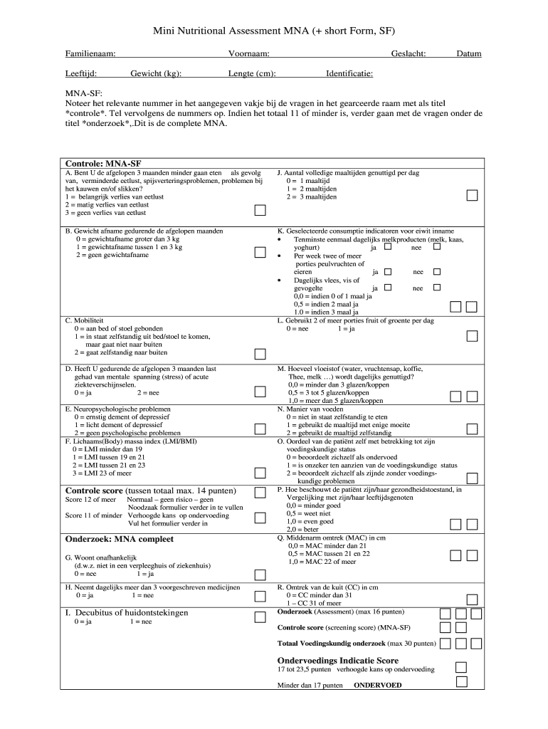 Fillable Online Mini Nutritional Assessment MNA (+ short Form, SF) Fax ...