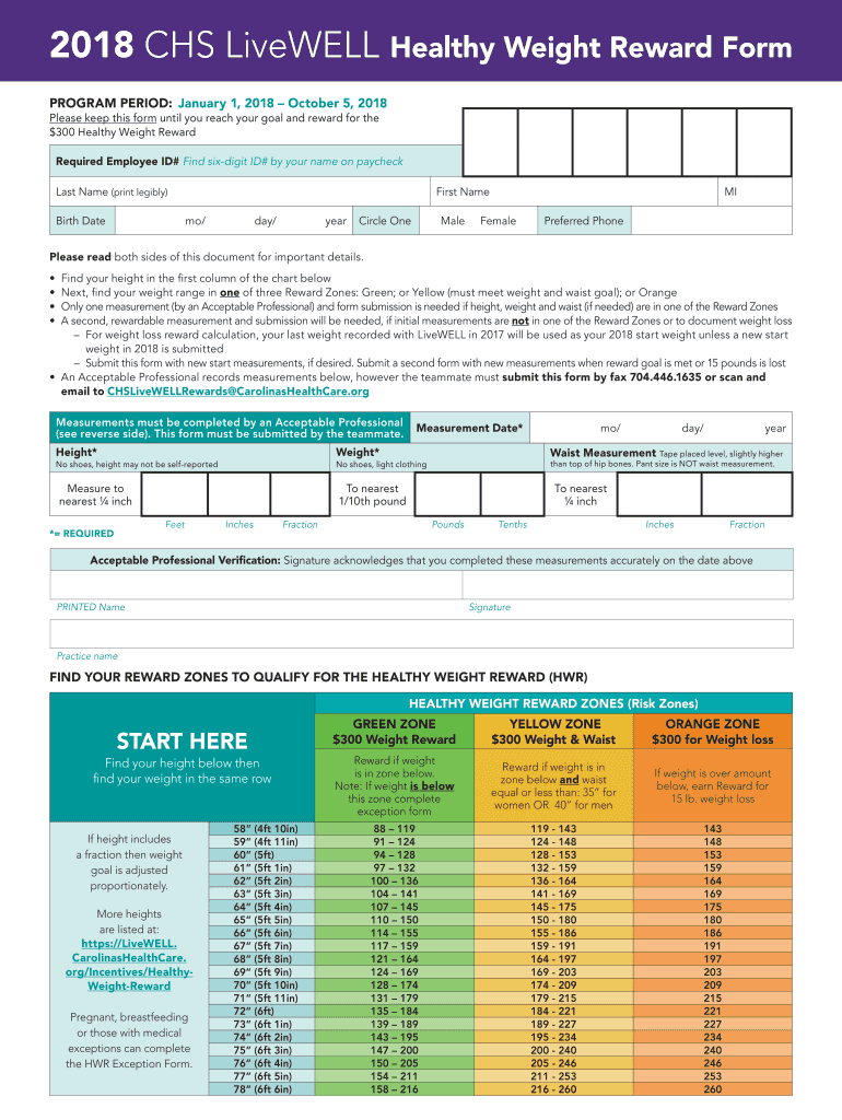 Fillable Online 2018 CHS LiveWELL Healthy Weight Reward Form Fax Email ...