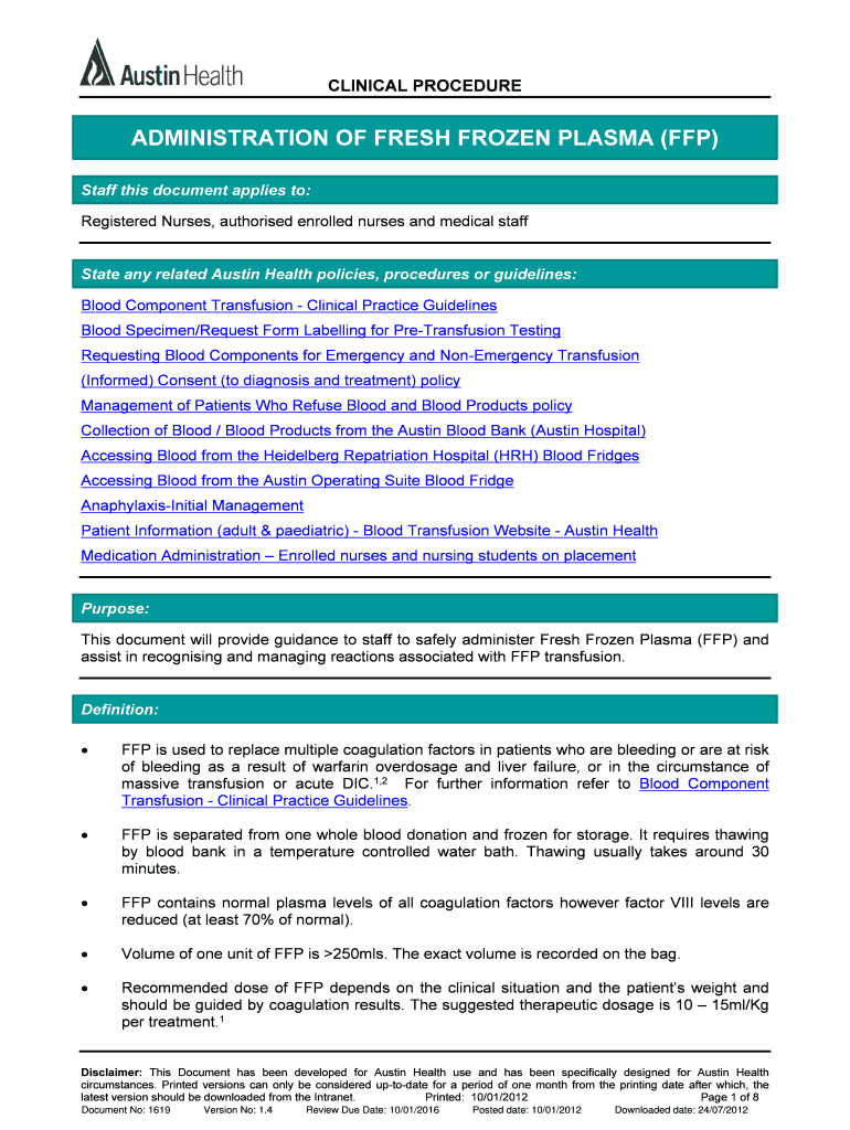 Fillable Online ADMINISTRATION OF FRESH FROZEN PLASMA (FFP) Fax Email ...