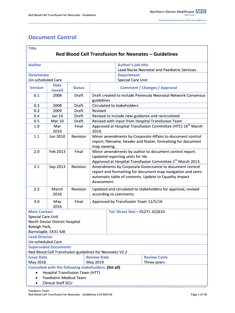 Fillable Online Red Blood Cell Transfusion for Neonates - Guidelines ...