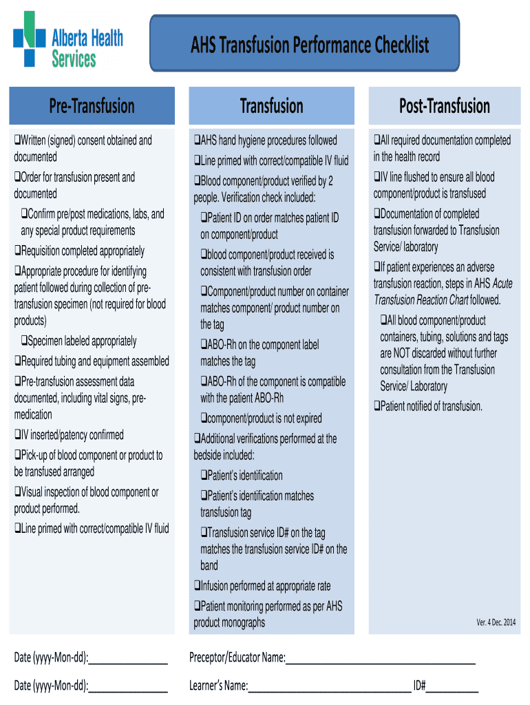 Fillable Online AHS Transfusion Performance Checklist Fax Email Print ...
