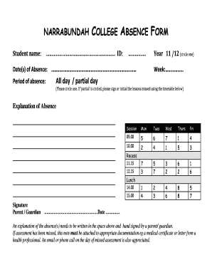Fillable Online COLLEGE ABSENCE FORM Fax Email Print - pdfFiller