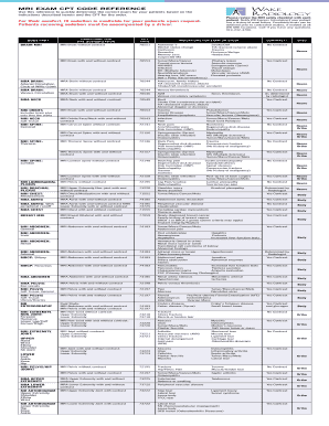 Fillable Online MRI EXAM CPT CODE REFERENCE Fax Email Print - pdfFiller