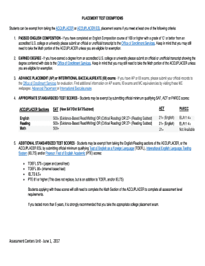 Fillable Online PLACEMENT TEST EXEMPTIONS Fax Email Print - pdfFiller
