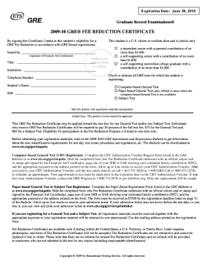 Fillable Online 2009-10 GRE FEE REDUCTION CERTIFICATE Fax Email Print - pdfFiller