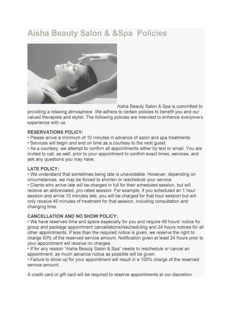 Fillable Online Aisha Beauty Salon & &Spa Policies Fax Email Print ...