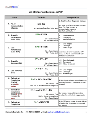 Fillable Online List of Important Formulas in PMP Fax Email Print - pdfFiller